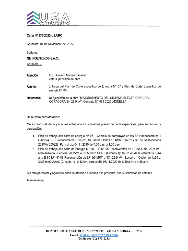 Carta #176-2022 RO - Entrega Del Plan de Corte #07 y 08 | PDF