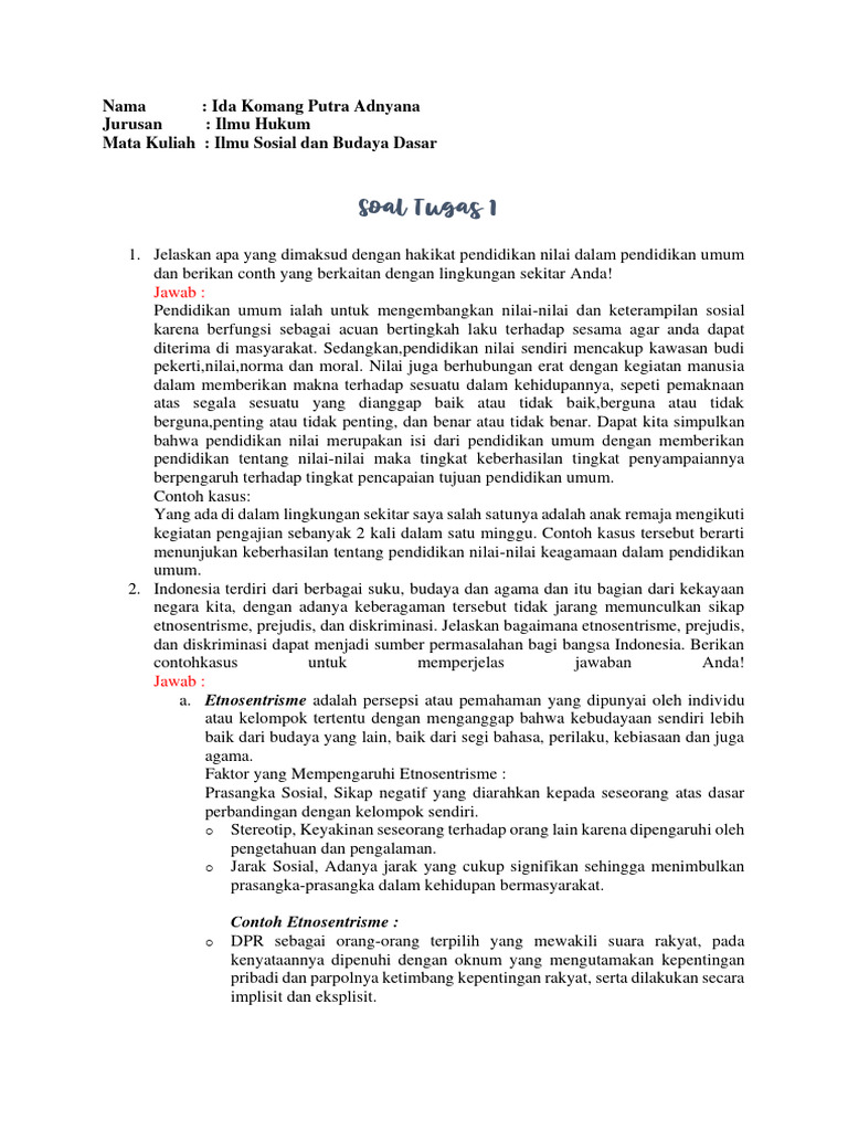 Tugas 1 Ilmu Sosial Dan Budaya Dasar | PDF