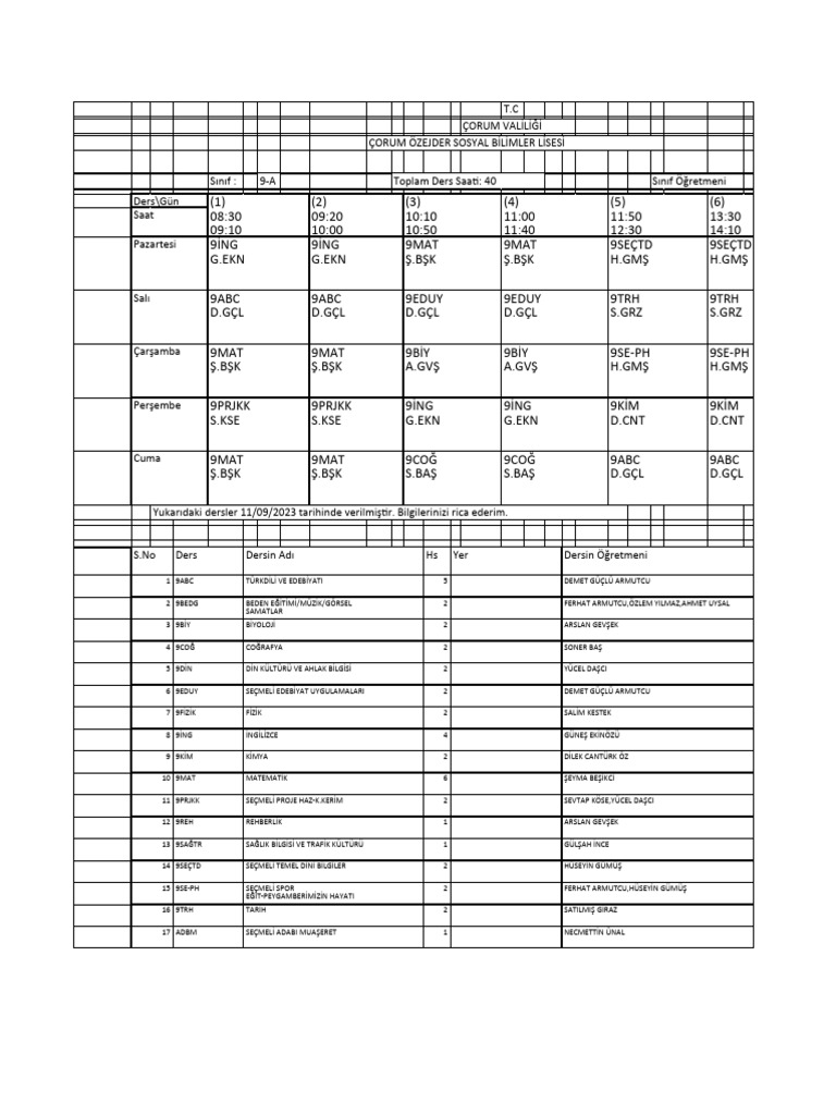 Sinif El Programi 11 Eylul 2023 | PDF