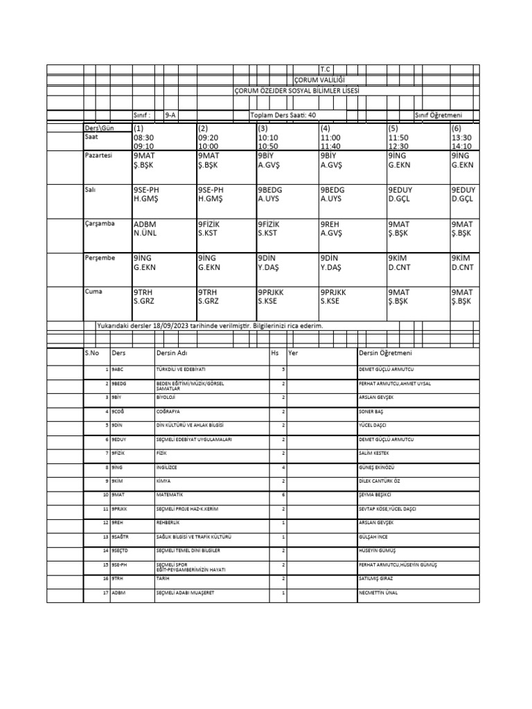Sinif Programi 18 Eylul 2023 | PDF