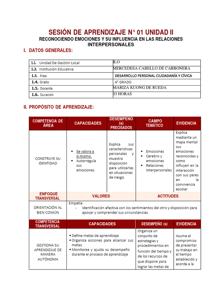 4to Grado - Sesión Aprendizaje 1 Unidad Ii | Descargar gratis PDF | Aprendizaje | Las emociones