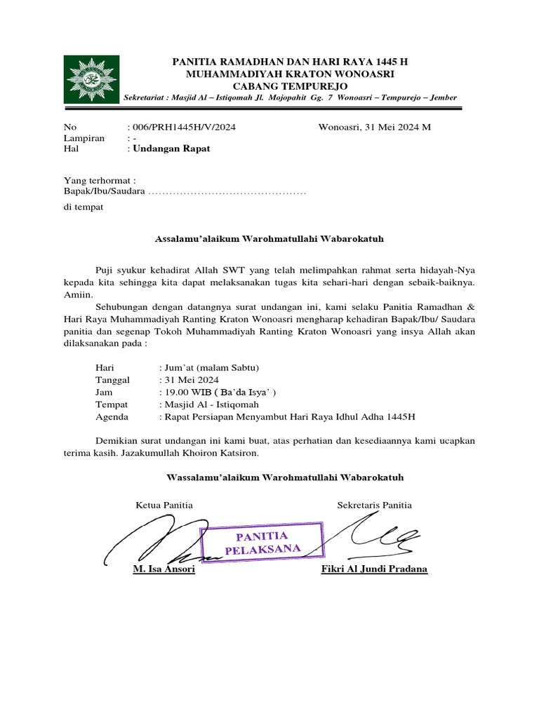 Surat Undangan Rapat Panitia 1443 H | PDF