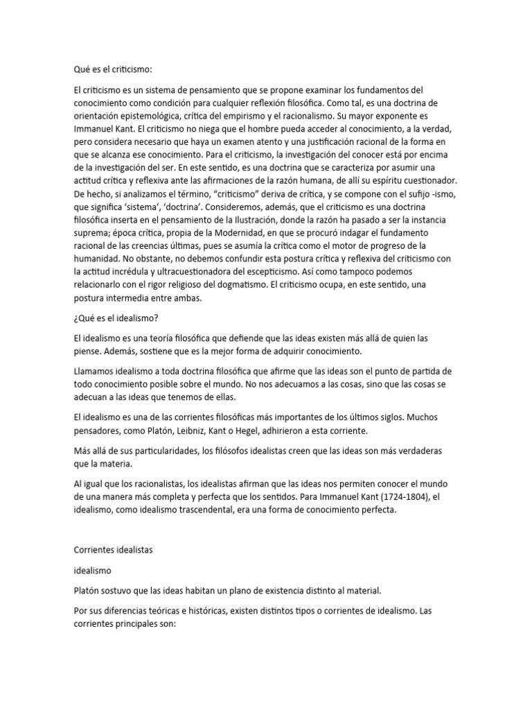 Qué Es El Criticismo | PDF | Idealismo | Immanuel Kant