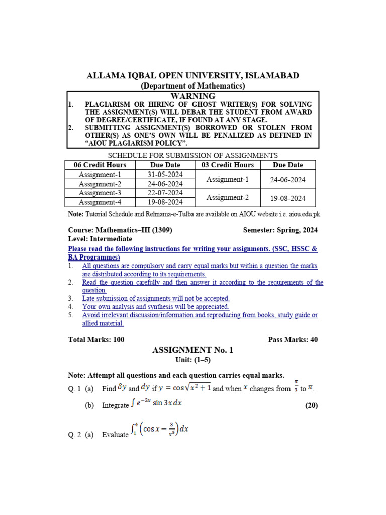 Allama Iqbal Open University, Islamabad Warning: (Department of Mathematics) | PDF | Analytic ...