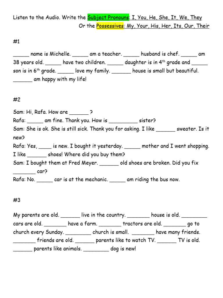 Subject Pronouns & Possessives Worksheet | PDF