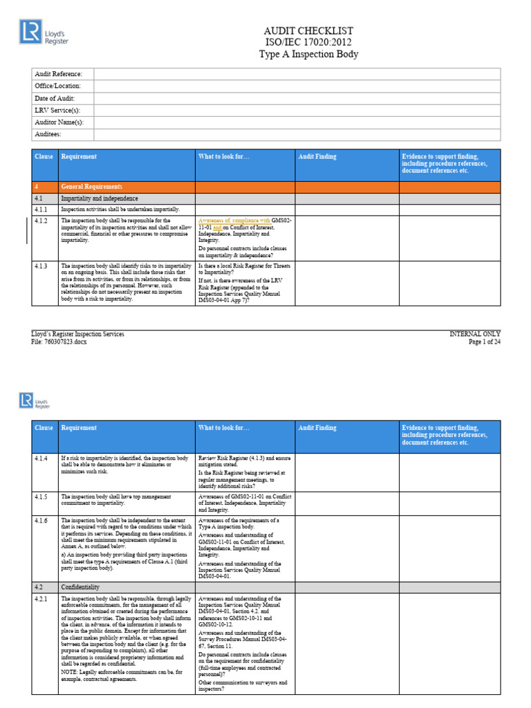 Audit Checklist ISO 17020-2012 | PDF | Audit | Calibration