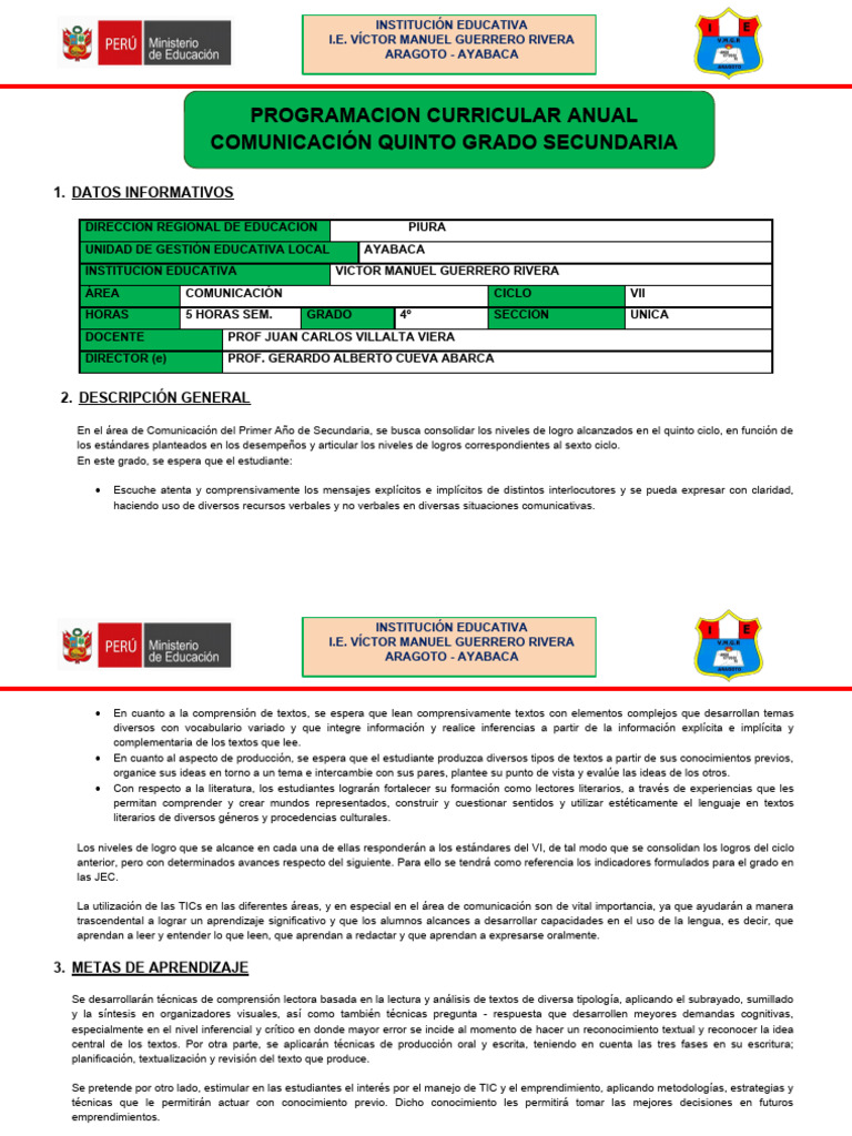 Programacion Anual Cuarto | PDF | Evaluación | Aprendizaje