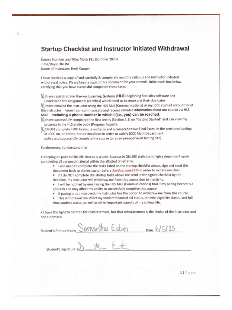 Startup Checklist and Instructor Initiated Withdrawal | PDF