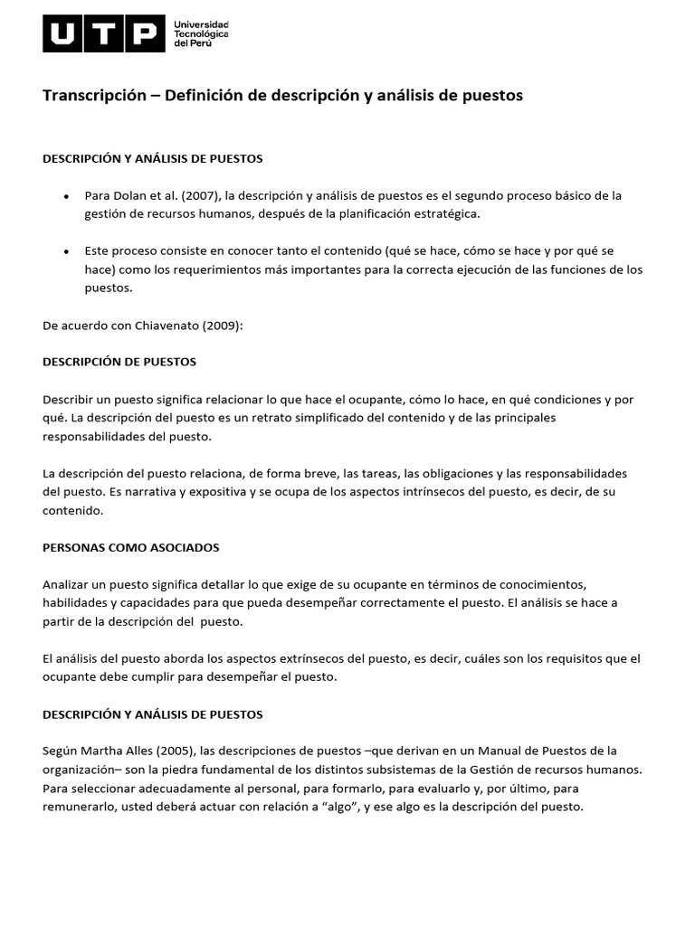 Definición de Descripción y Análisis de Puestos | Descargar gratis PDF ...