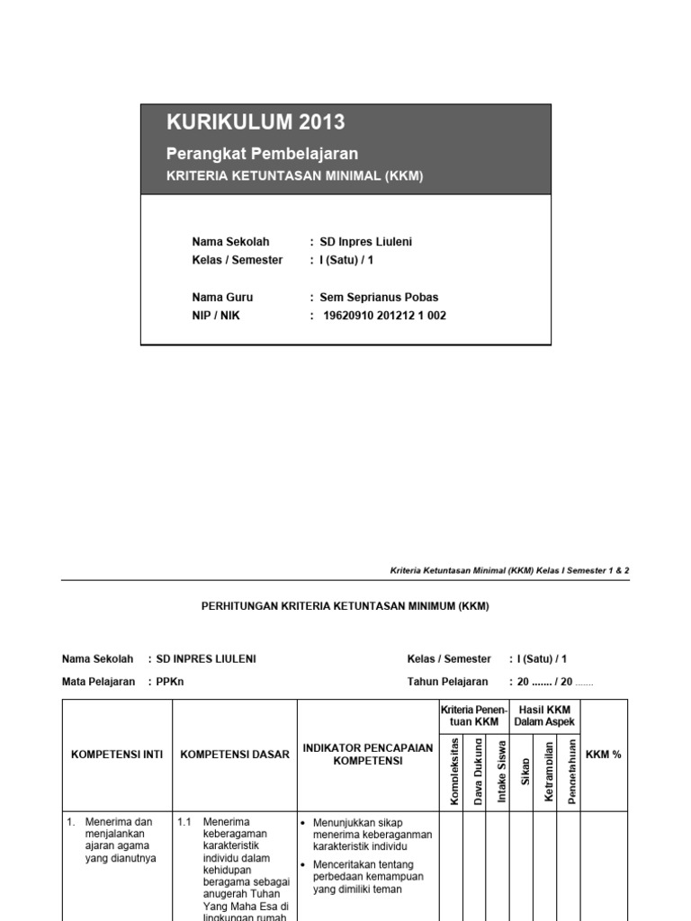 KKM Kelas 1 | PDF
