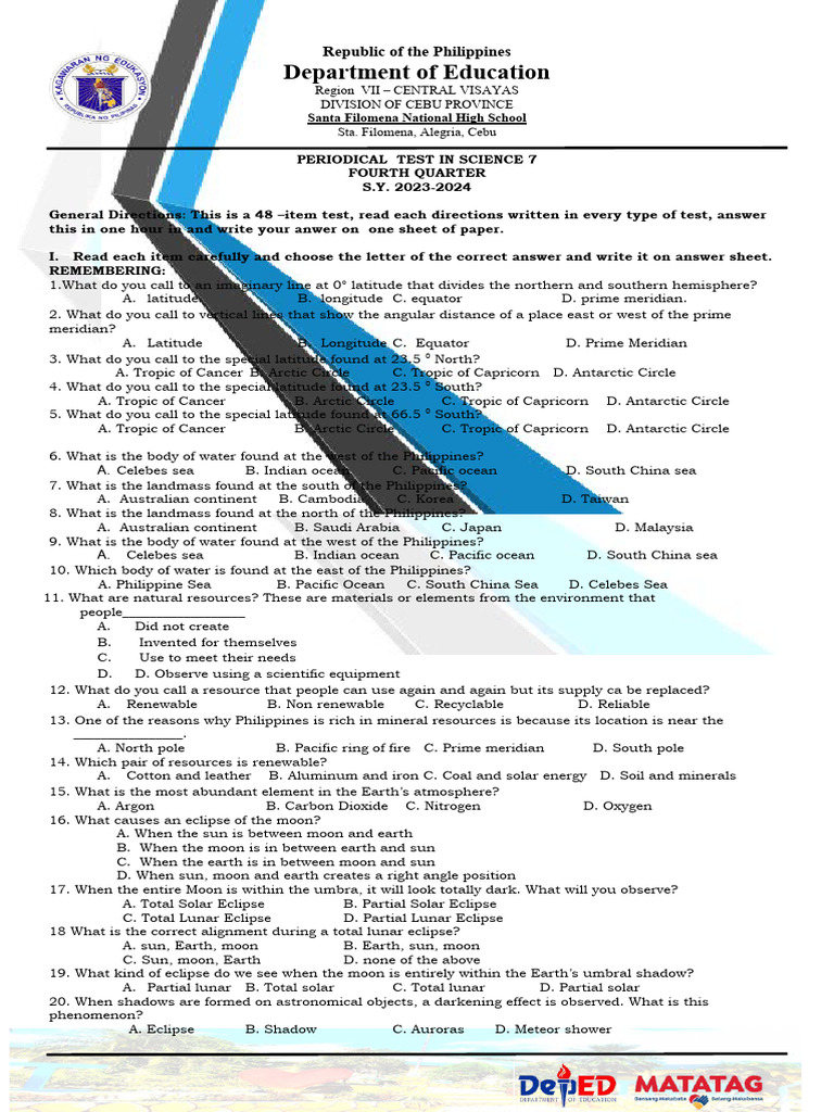 Sci 7 4TH Periodical Test 4TH With Tos | PDF | Moon | Earth