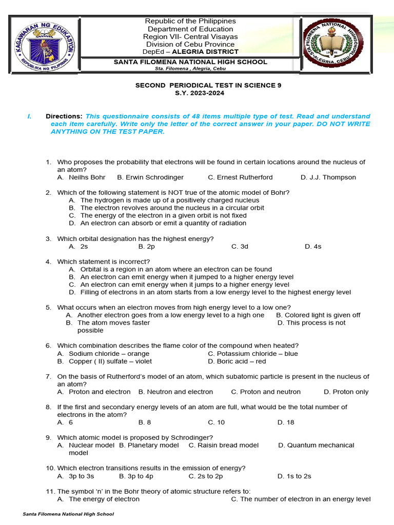 Science 9 Q2 Periodical Test | PDF | Chemical Bond | Ionic Bonding