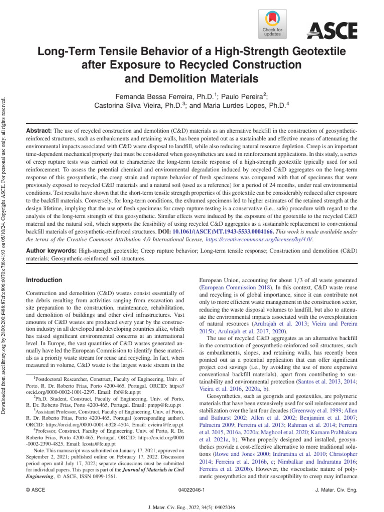 Long-Term Tensile Behavior of A High-Strength Geotextile After Exposure ...