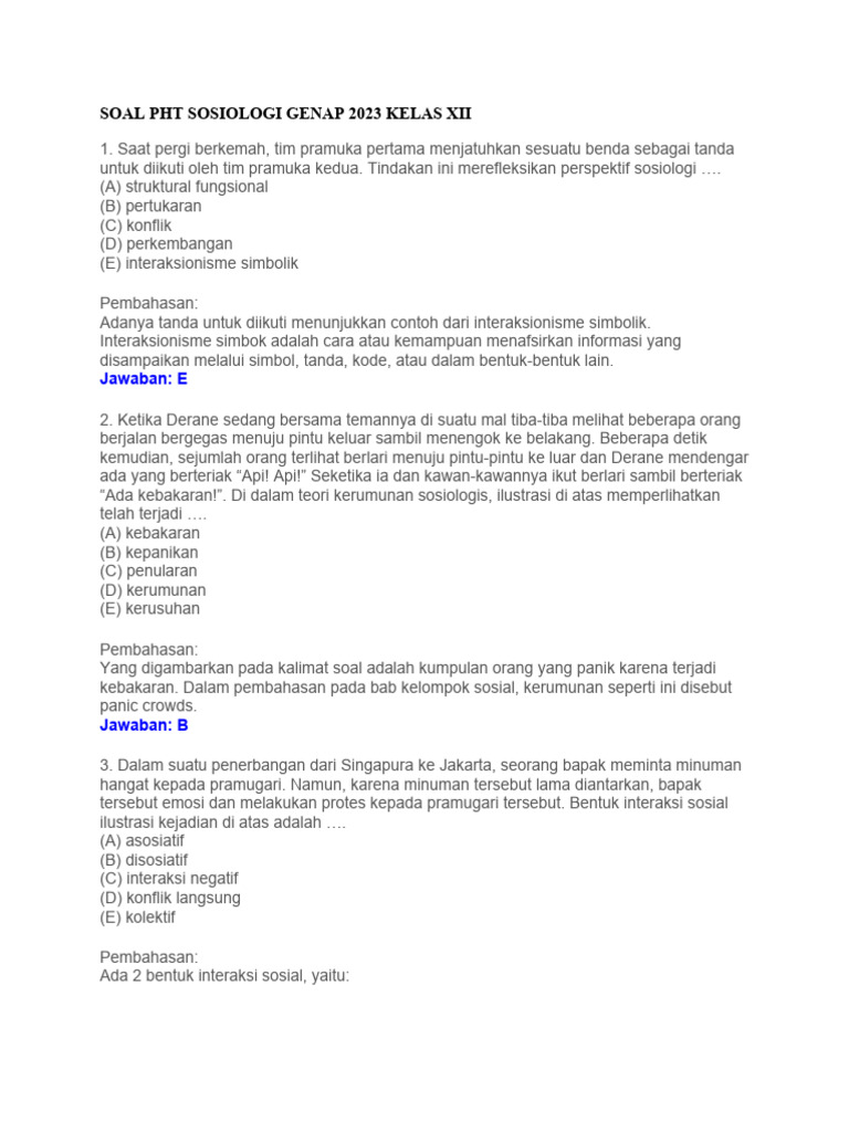 Soal PHT Sosiologi Kelas Xii Semester Genap 2023 | PDF