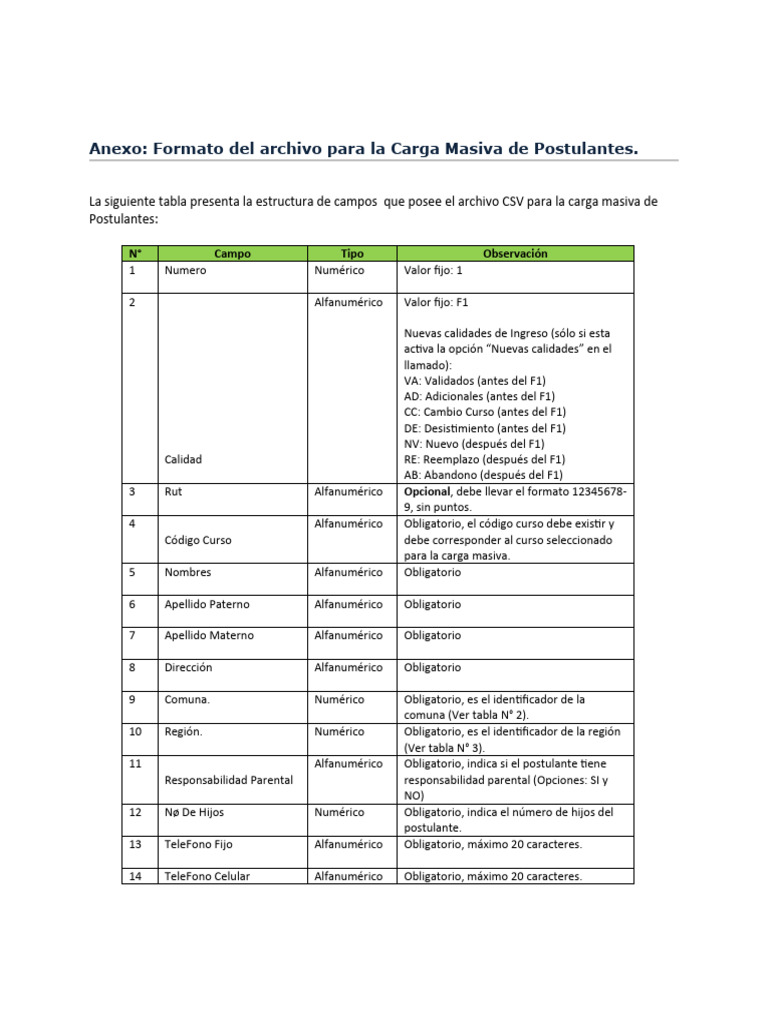 Anexo Carga Masiva | PDF | Chile