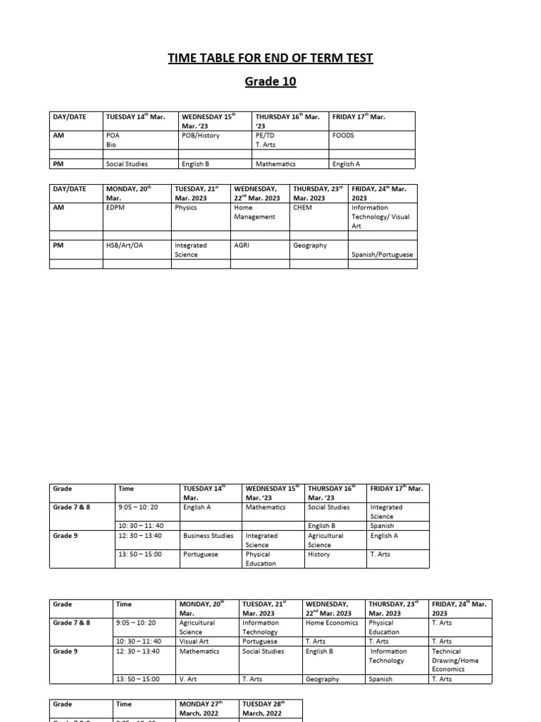 Time Table For End of Term Test | PDF | Observation | Inquiry