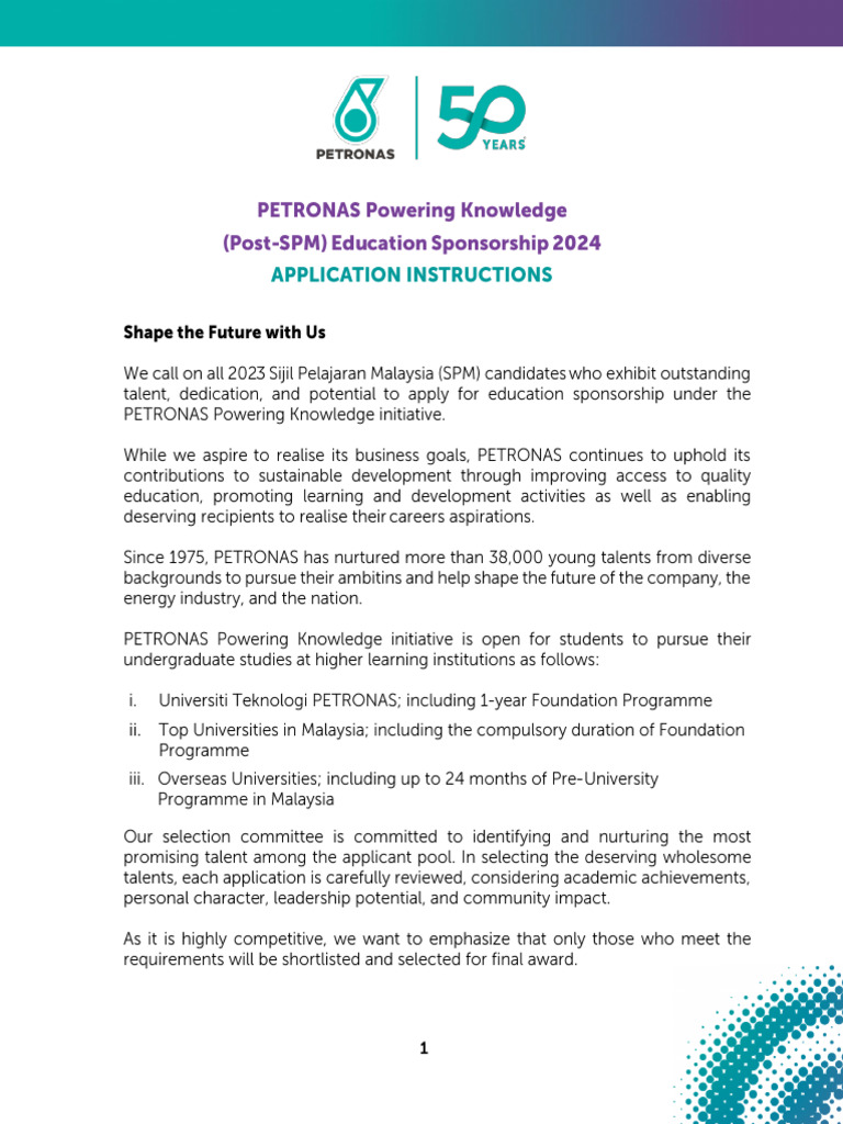 Application Instructions For PETRONAS Powering Knowledge Education ...