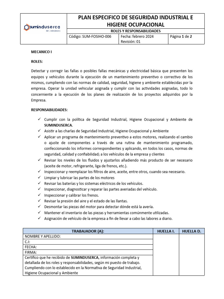 1.2.5. Sum-Fosiho-006 Roles y Resp. Mecanico I | PDF | Higiene ...