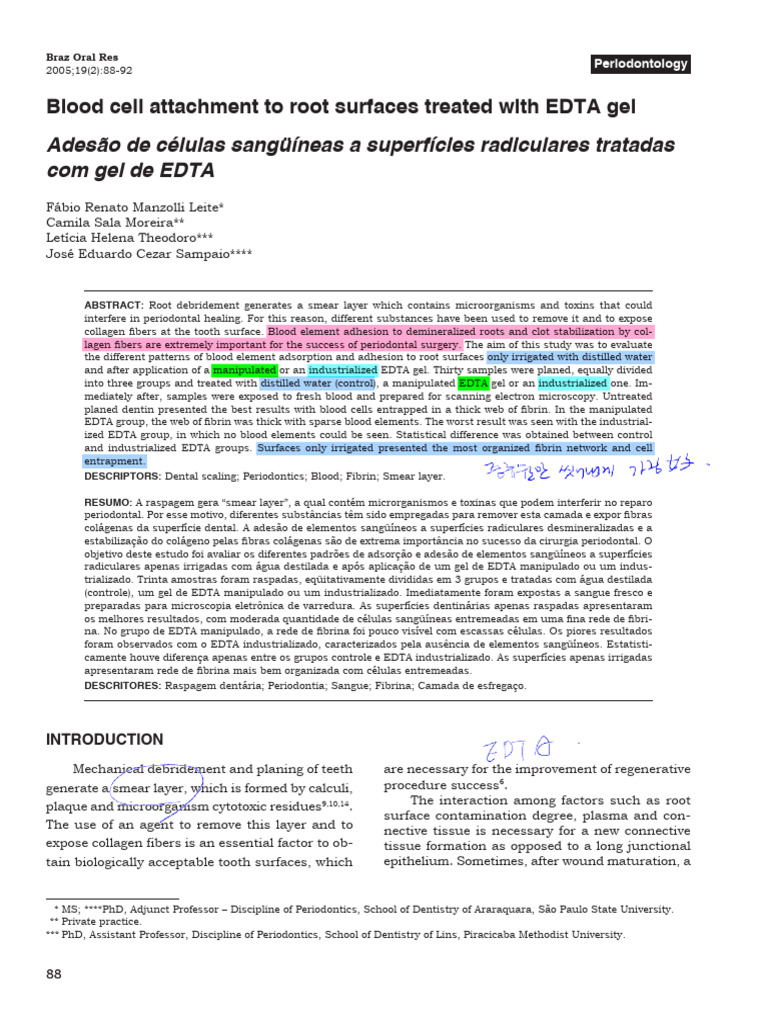 Leite 등 - 2005 - Blood cell attachment to root surfaces treated wit ...