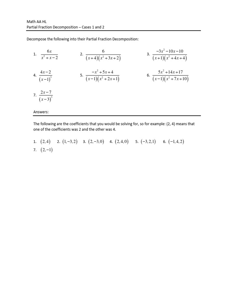 Partial Fraction Decomposition Cases 1 And 2 Pdf