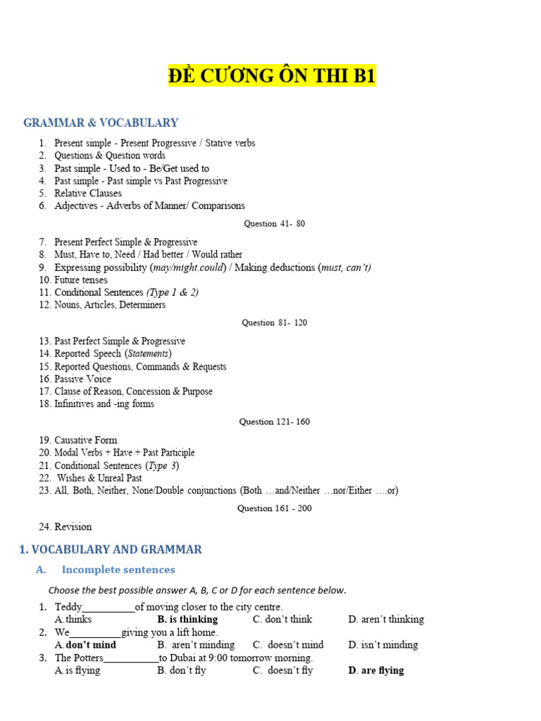 đề cương ôn B1 | PDF | Grammar | Syntax