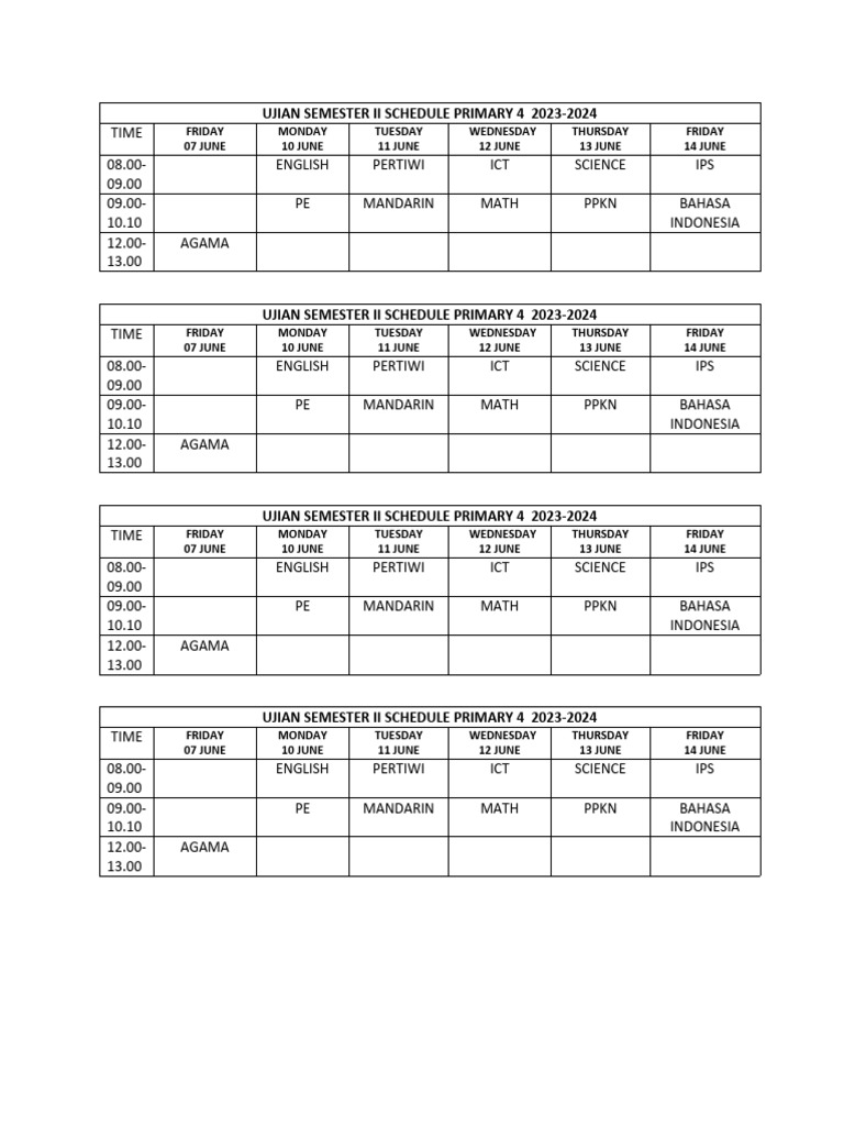 Primary 4 Semester II Exam Schedule 2023 | PDF