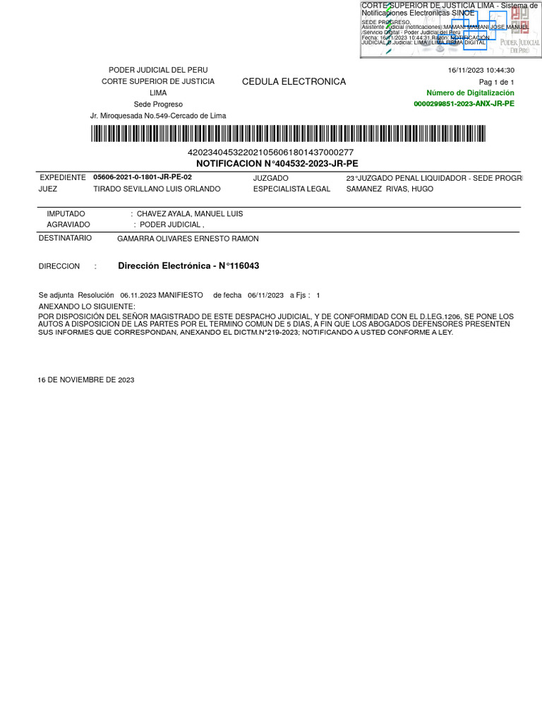 Not N.° 404532-2023-JR-PE 16 NOV 2023. Res. Nro. Dictamen Acusatorio ...