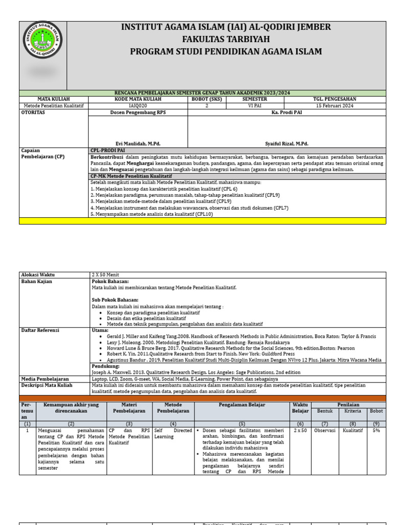 RPS PAI Metode Penelitian Kualitatif | PDF | Karier & Perkembangan