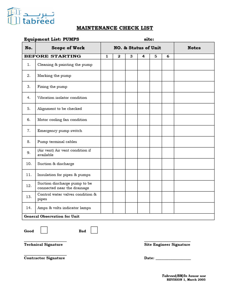 Pump Maintenance Checklist | PDF