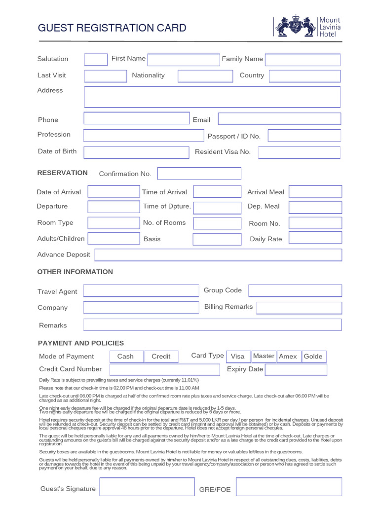 NEW Guest Reg. Card | PDF | Credit Card | Payments