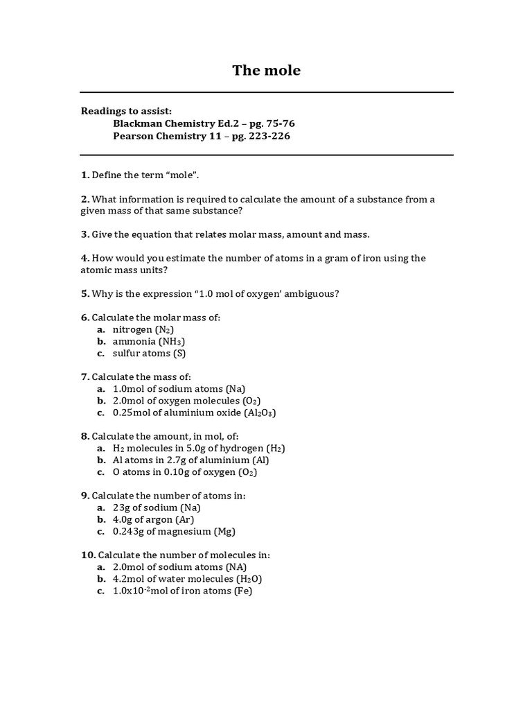 The mole - Grade 11 - Worksheet | PDF