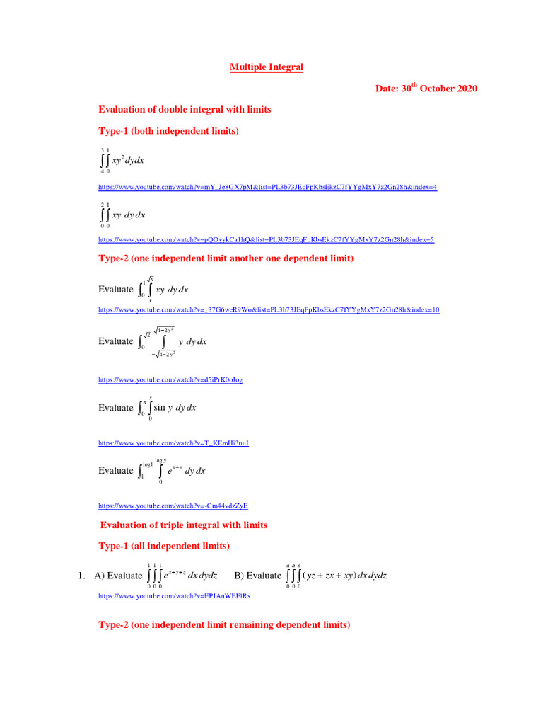 Multiple Integrals Part 1, Nov 2020 | PDF | Cartesian Coordinate System ...