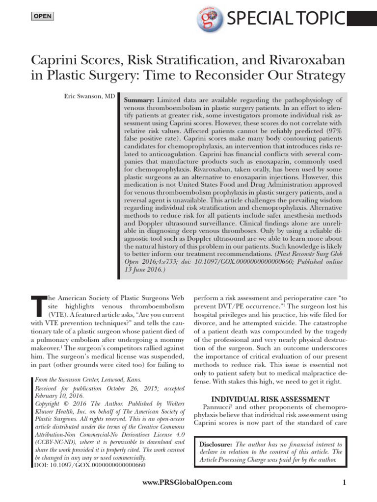 Caprini Scores, Risk Strati Cation, and Rivaroxaban in Plastic Surgery ...