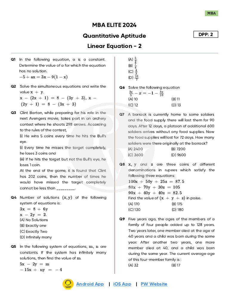 Algebra - DPP 02 - MBA Elite 2024 | PDF | Equations | Mathematics