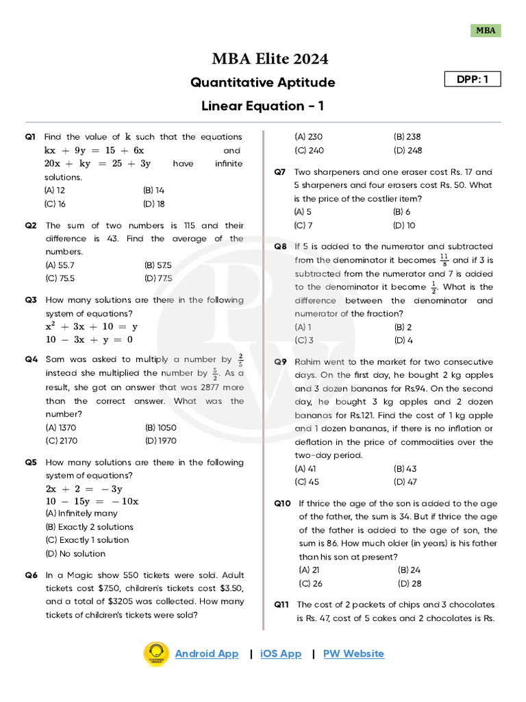 Algebra - DPP 01 - MBA Elite 2024 | PDF | Equations | Mathematical Concepts
