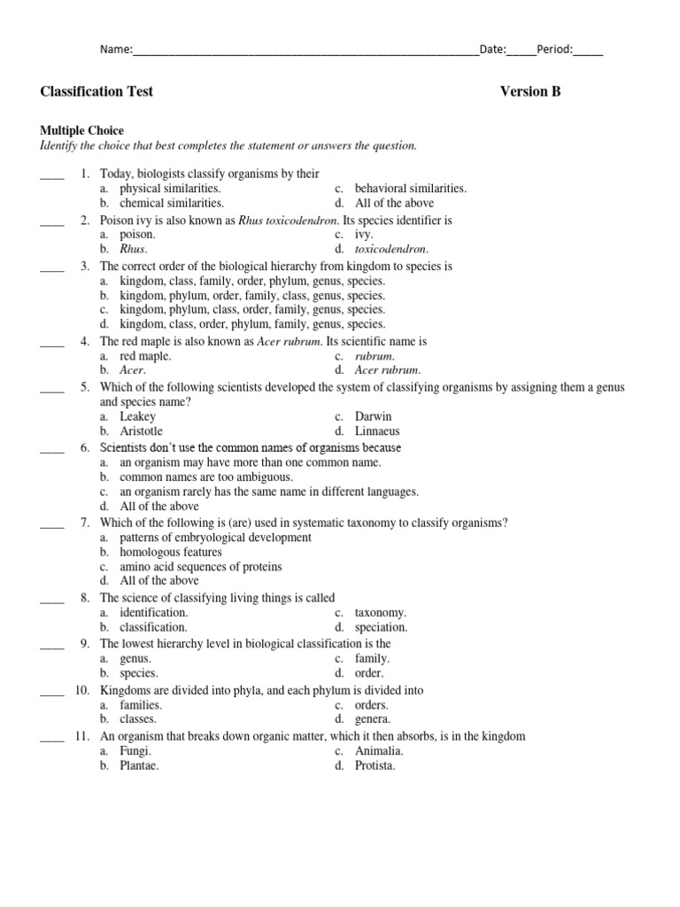 Classification Test Version B | PDF | Taxonomy (Biology) | Organisms