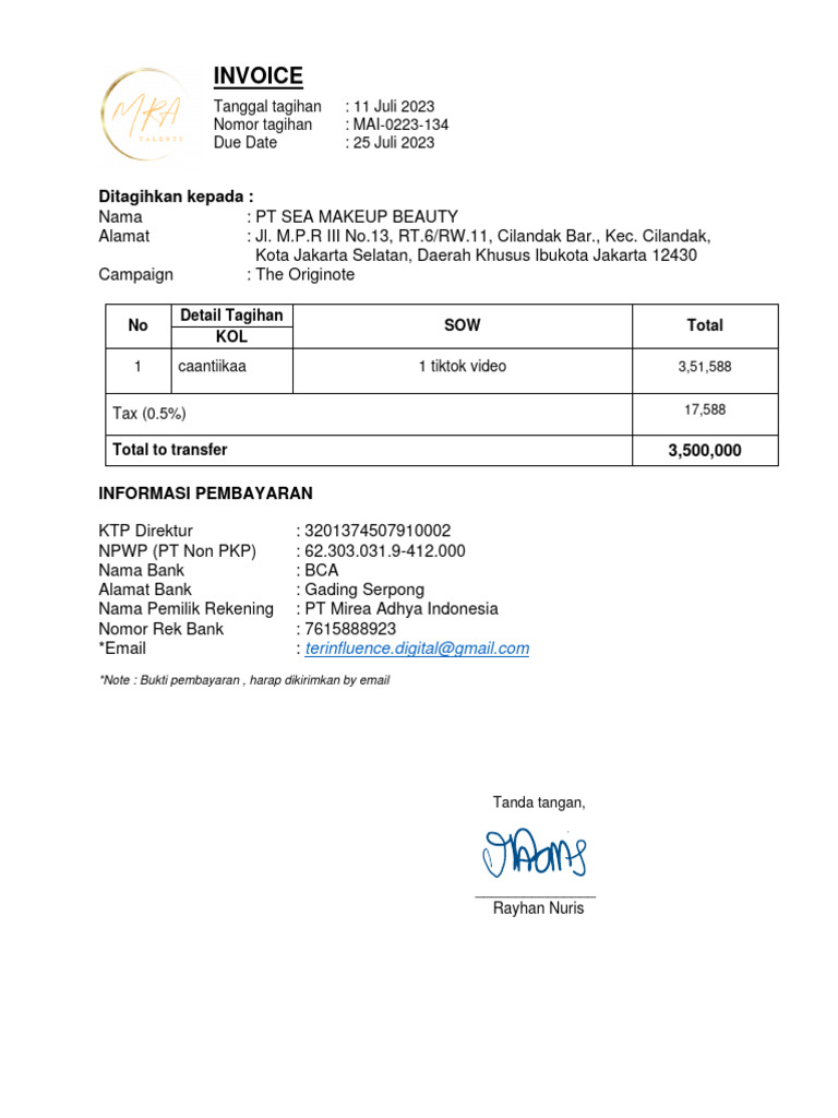 Contoh Invoice Endorsement KOL | PDF