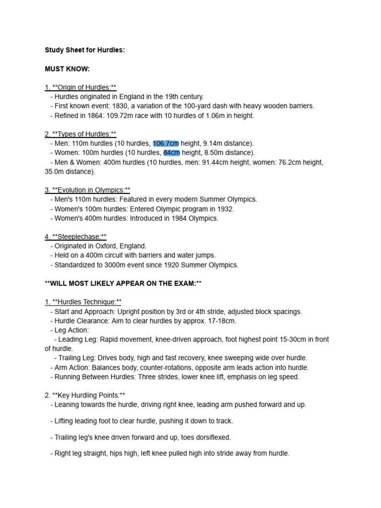 Hurdle Exam Study Notes | PDF | Sport Of Athletics | Track And Field