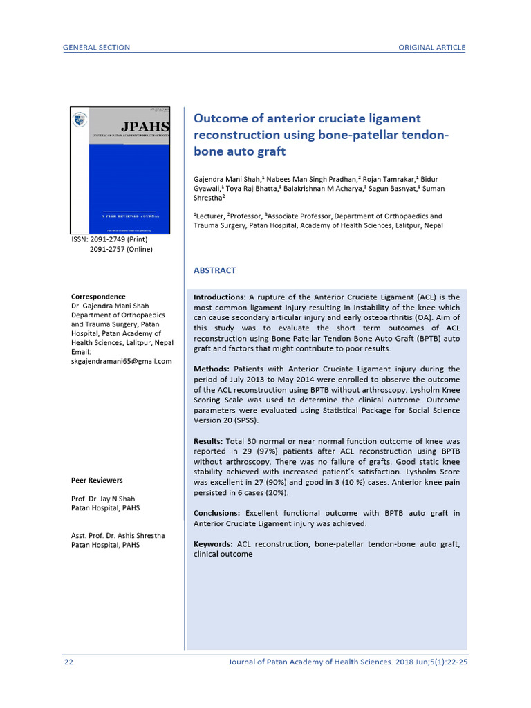 ACL reconstruction using BPTB | Download Free PDF | Knee | Joints
