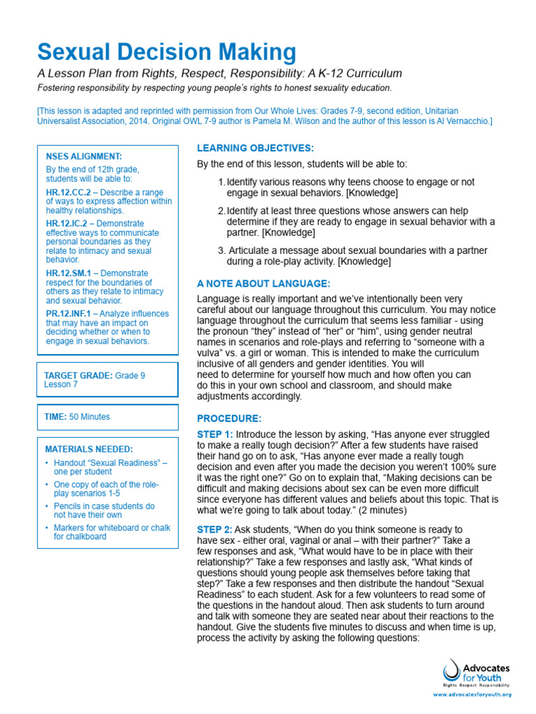 Teen Sexual Decision-Making Lesson Plan | PDF | Intimate Relationships ...