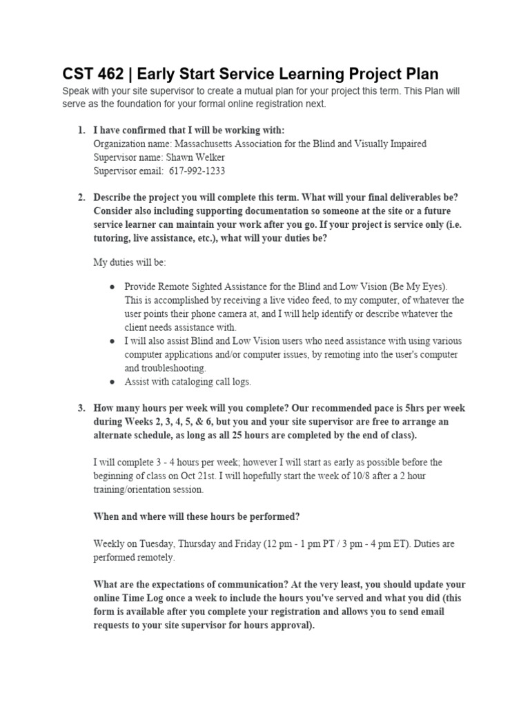 CST 462 Early Start Service Learning Project Plan | PDF | Visual ...