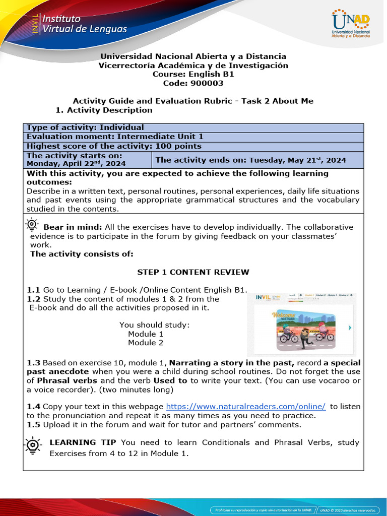 Activity Guide and Evaluation Rubric-Unit 1 - Task 2-About Me. | PDF ...