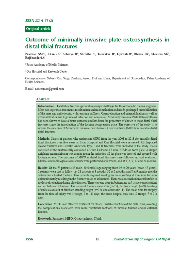MIPO Outcomes in Distal Tibial Fractures | PDF | Knee | Ankle
