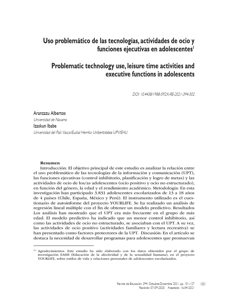 Uso Problematico de Las Tecnologias - Actividades de Ocio y Funciones ...