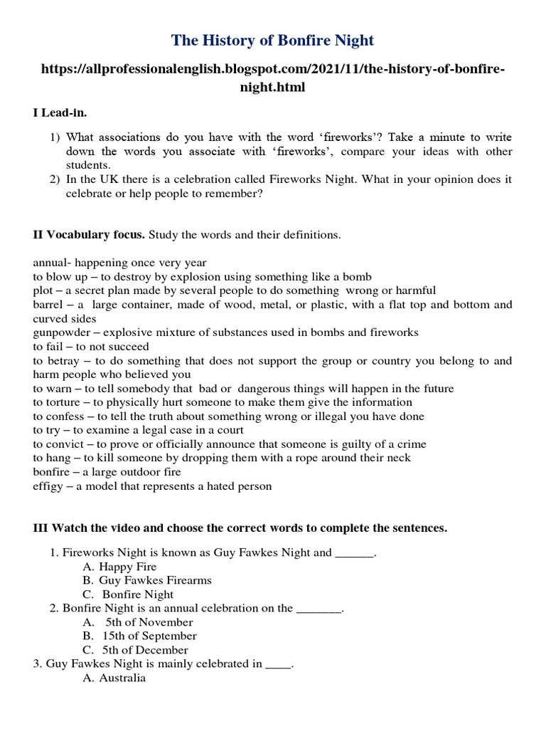 The History of Bonfire Night Task | PDF | Guy Fawkes