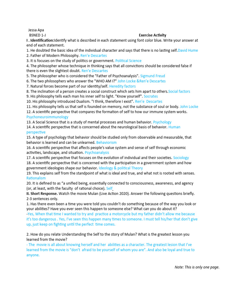 I - Identification:Identify What Is Described in Each Statement Using ...