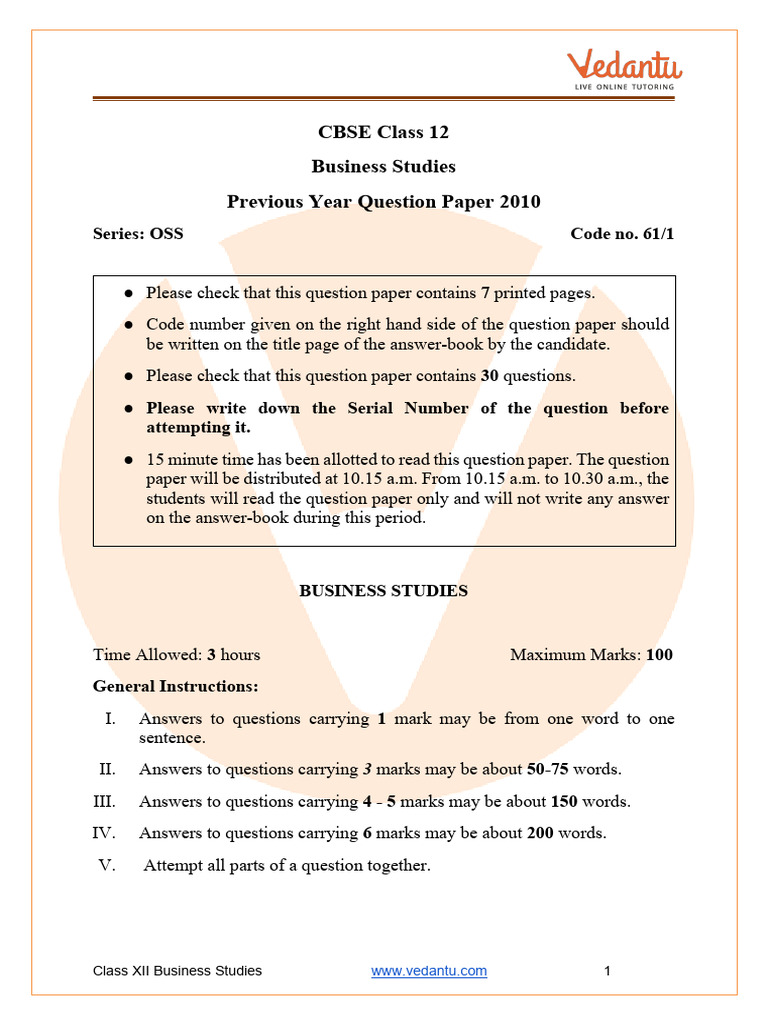 CBSE Class 12 Business Studies Question Paper 2010 with Solutions ...