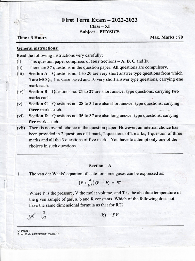 Term 1 Question Paper 22 23 Phy x1 | PDF
