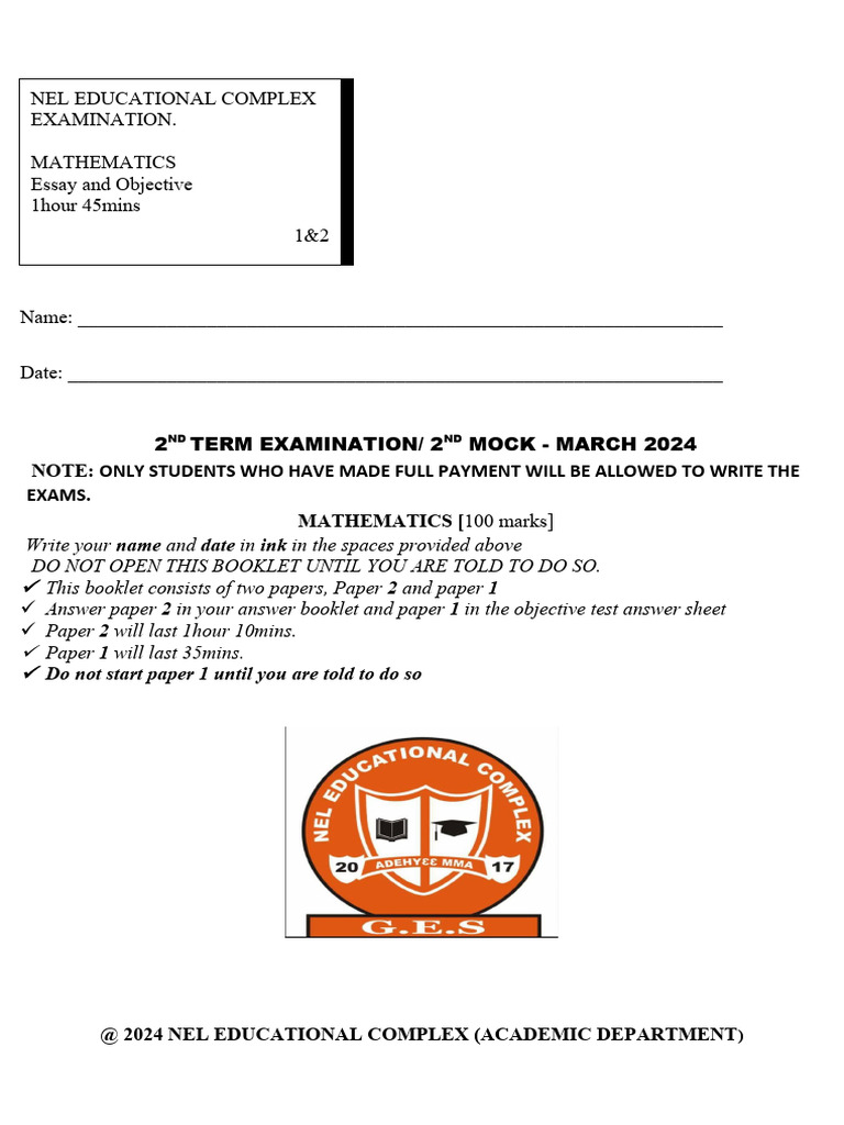 Mathematics Mock - March, 2024 | PDF | Perpendicular | Area