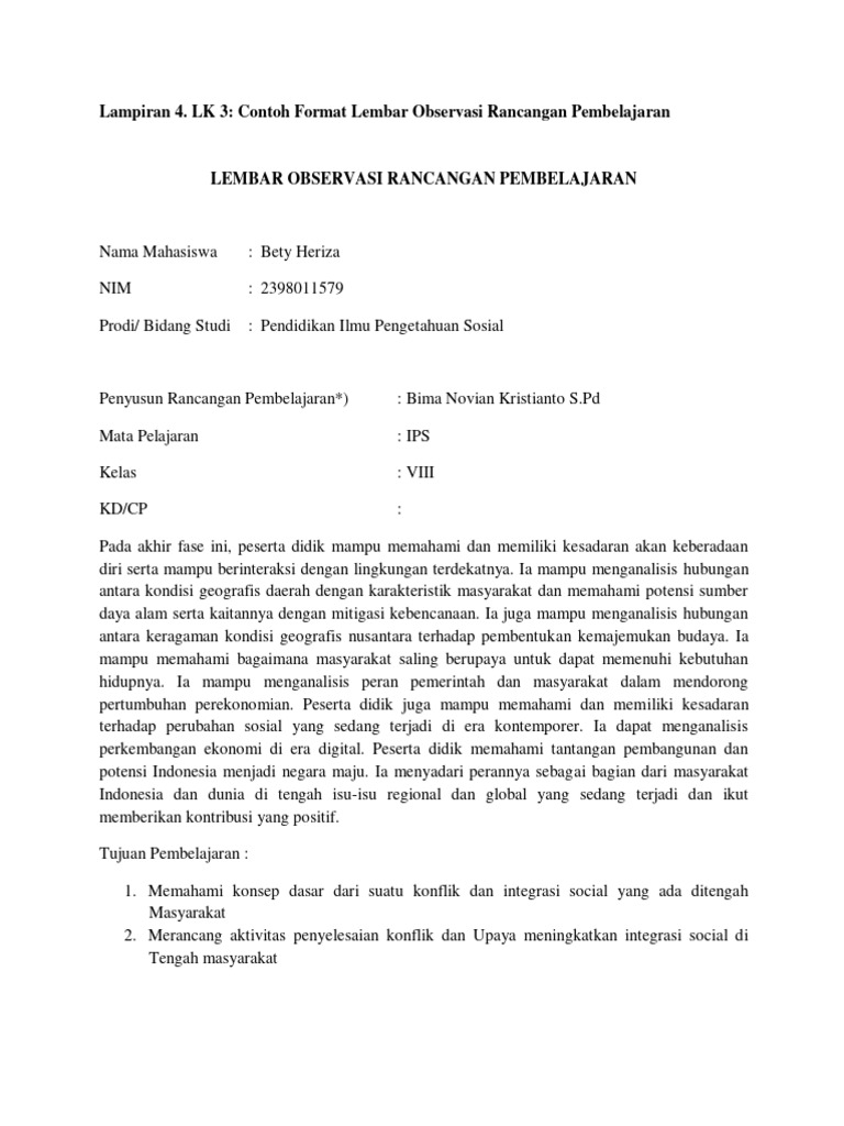 LK 3 Contoh Format Lembar Observasi Rancangan Pembelajaran Siklus 4 | PDF | Karier & Perkembangan
